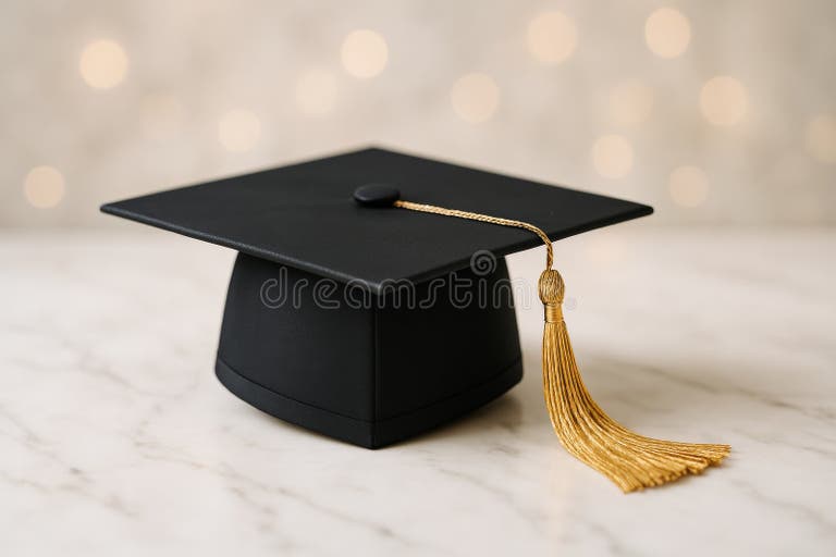 Black Graduation Cap with Gold Tassel on a Marble Surface with a ...