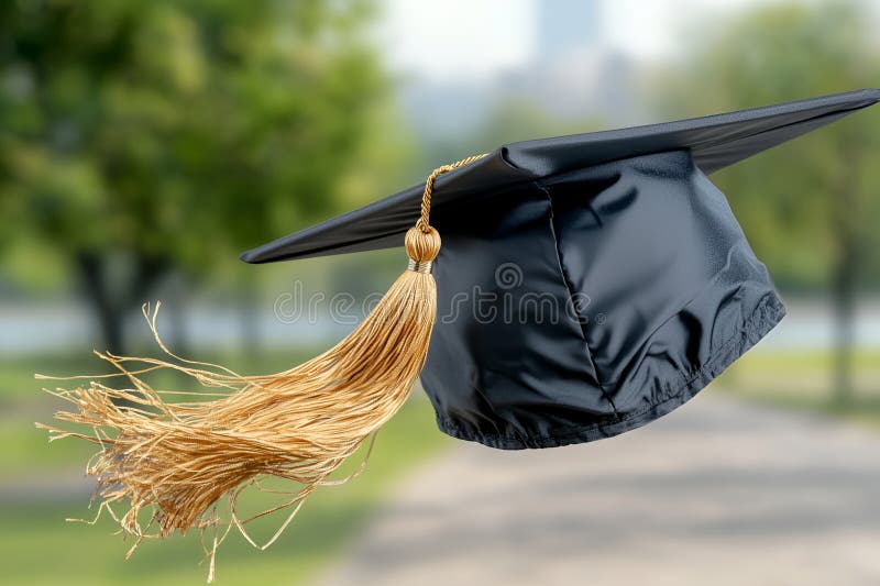 Black Graduation Cap with Gold Tassel in Outdoor Setting Stock ...