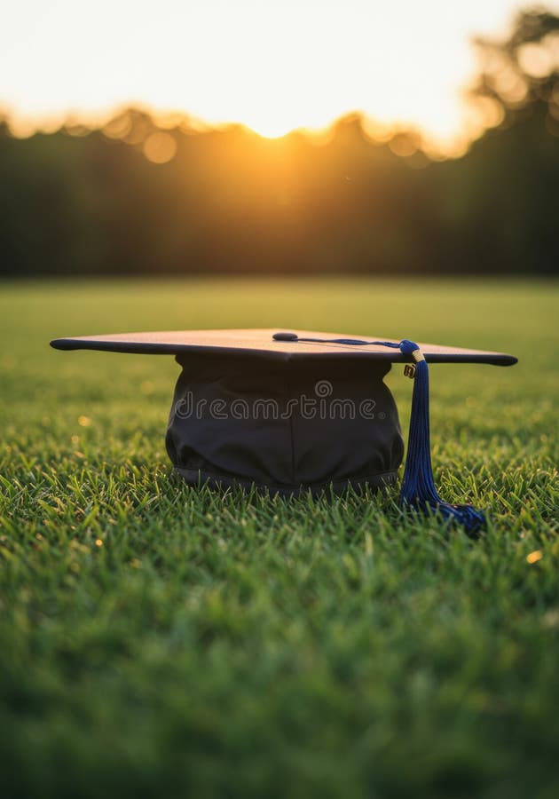Black Graduation Cap on Green Grass at Sunset Stock Illustration ...