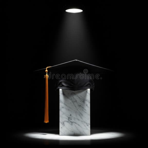 Black Graduation Cap on Marble Block in Spotlight Stock Illustration ...