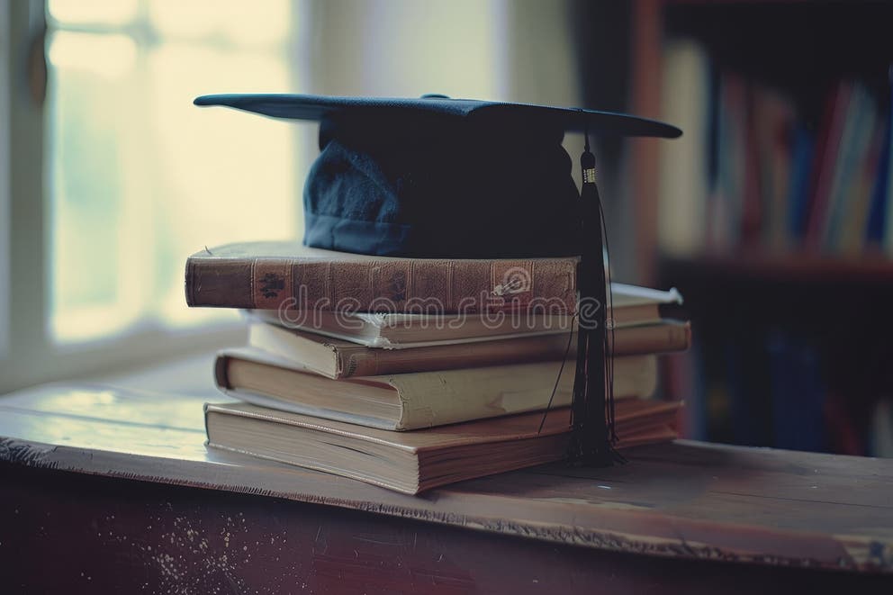 A Black Graduation Cap is Placed Atop a Stack of Vintage Books, Symbolizing Academic Achievement ...