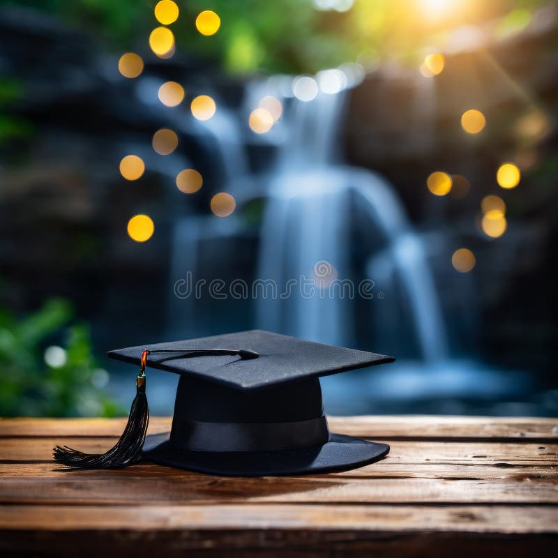 Graduation Cap by a Waterfall with Sunlight and Bokeh Lights Stock ...
