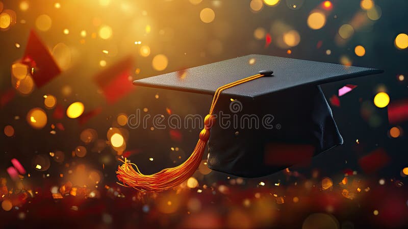 Black Graduation Cap with Red and Gold Confetti on Dark Background ...