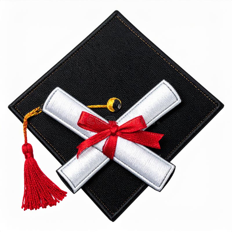 Black Graduation Cap with Red Ribbon and Diploma Stock Illustration ...