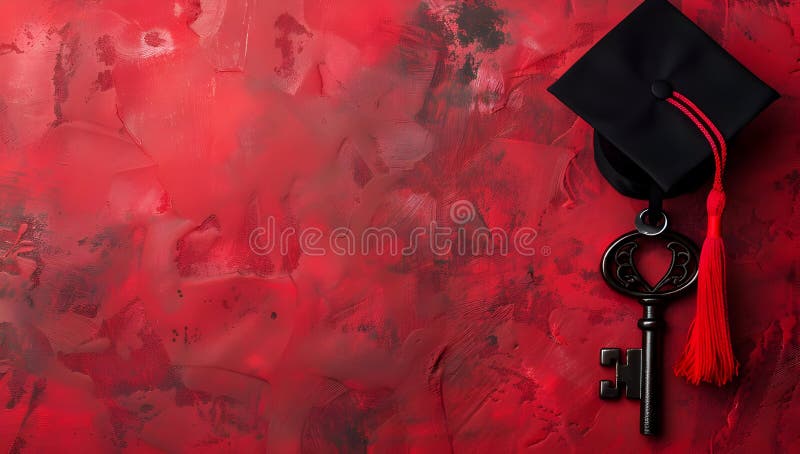 A Black Graduation Cap with a Red Tassel and a Large Key on a Red ...