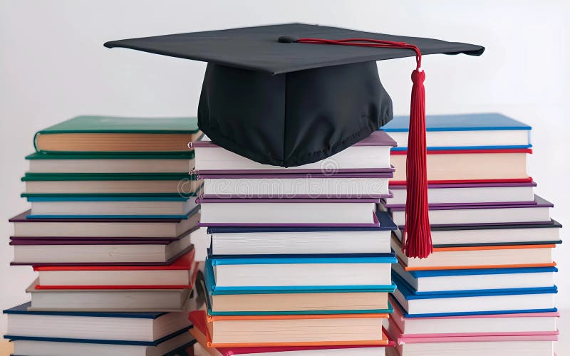 A Black Graduation Cap Rests Atop a Stack of Colorful Textbooks ...
