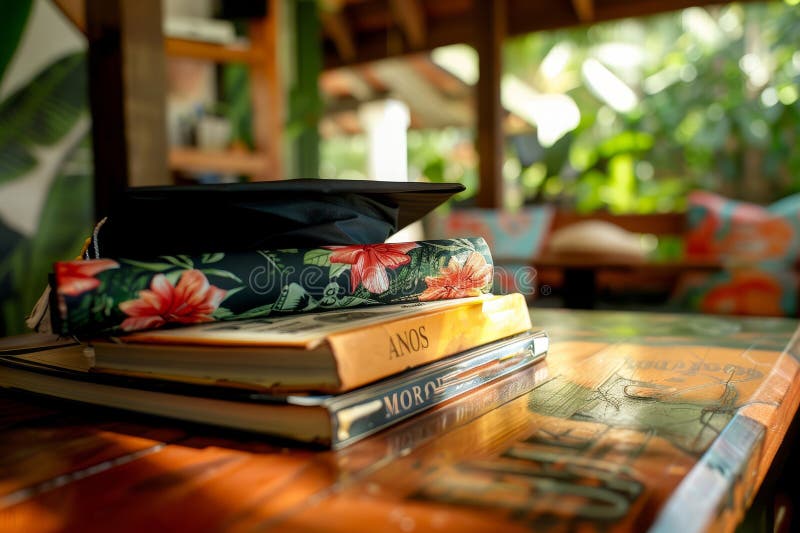 A Black Graduation Cap Rests on a Stack of Books Featuring Vibrant ...
