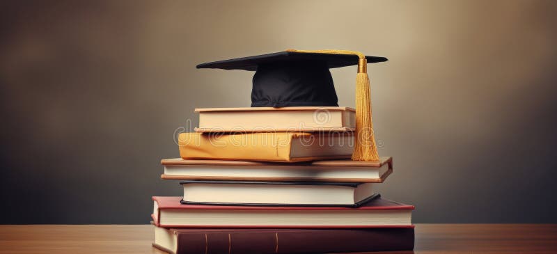 Graduation Cap Atop Stack of Books on Wooden Table Stock Photo - Image ...