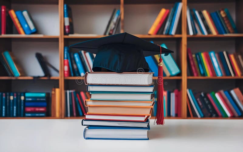 A Black Graduation Cap Sits Atop a Stack of Books, with a Red Tassel ...