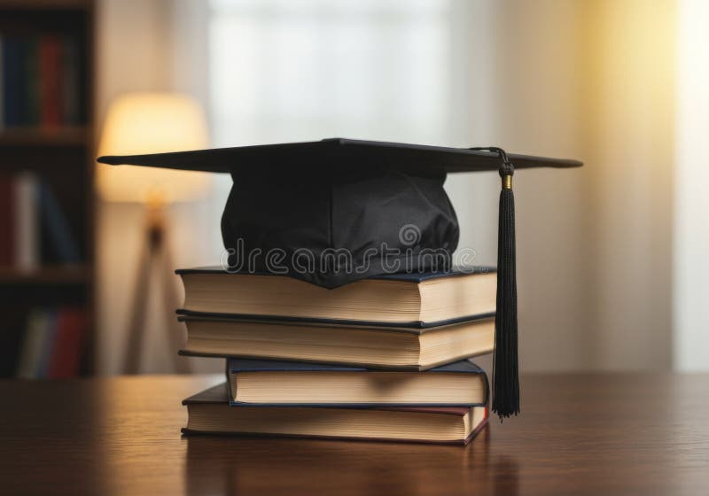 Graduation Hat and Stack of Study Books. Concept of Education and ...
