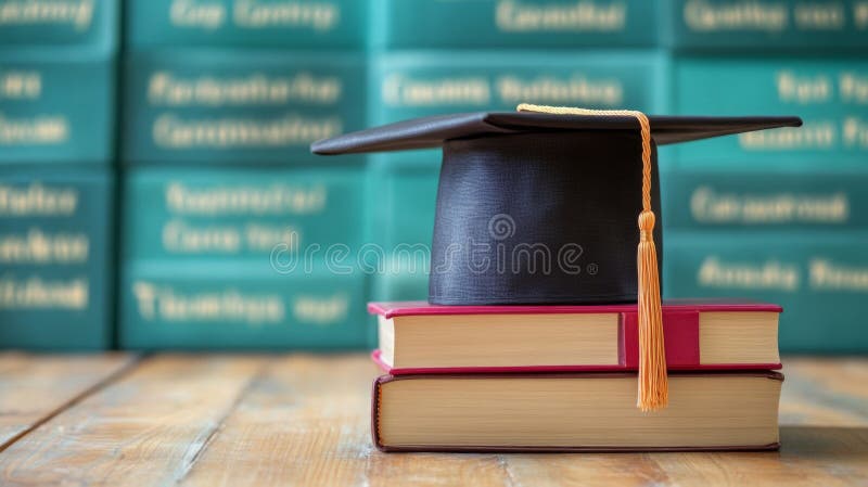 Black Graduation Cap on Stack of Books Against Teal Bookcase Stock ...