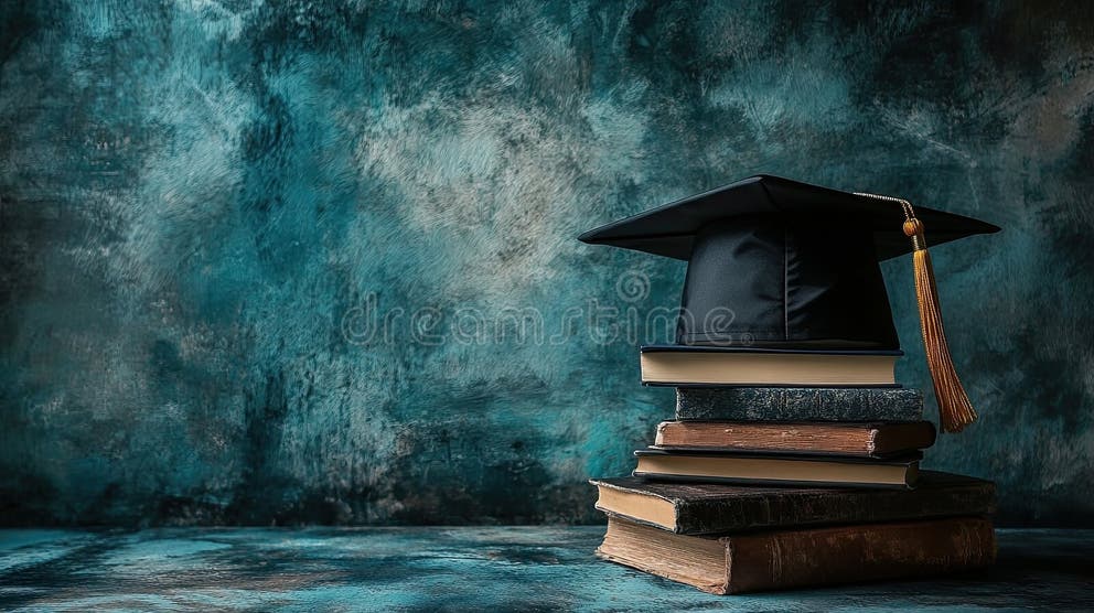 Black Graduation Cap on Stack of Books Against Teal Textured Background ...