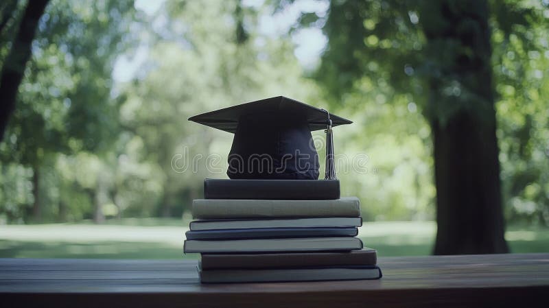 Black Graduation Cap on Stack of Books in Green Park Stock Illustration ...