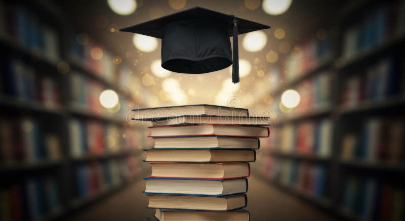 Black Graduation Cap on Stack of Books in Library Stock Illustration ...