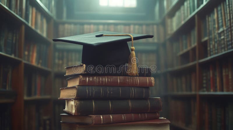 Black Graduation Cap on Stack of Old Books in Library Stock ...