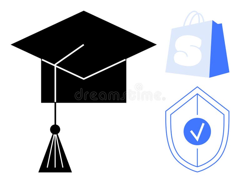 Graduation Cap with Shopping Bag and Shield with Checkmark Stock Vector ...