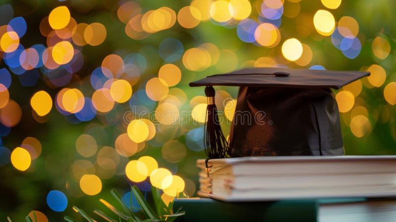 Black Graduation Cap on White Books Amid Celebratory Confetti for a ...