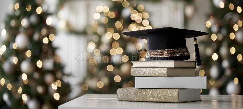 Black Graduation Cap on White Books with Confetti Backdrop for ...
