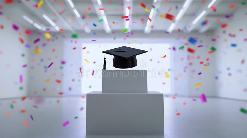 Black Graduation Cap on White Platform with Confetti Stock Illustration ...