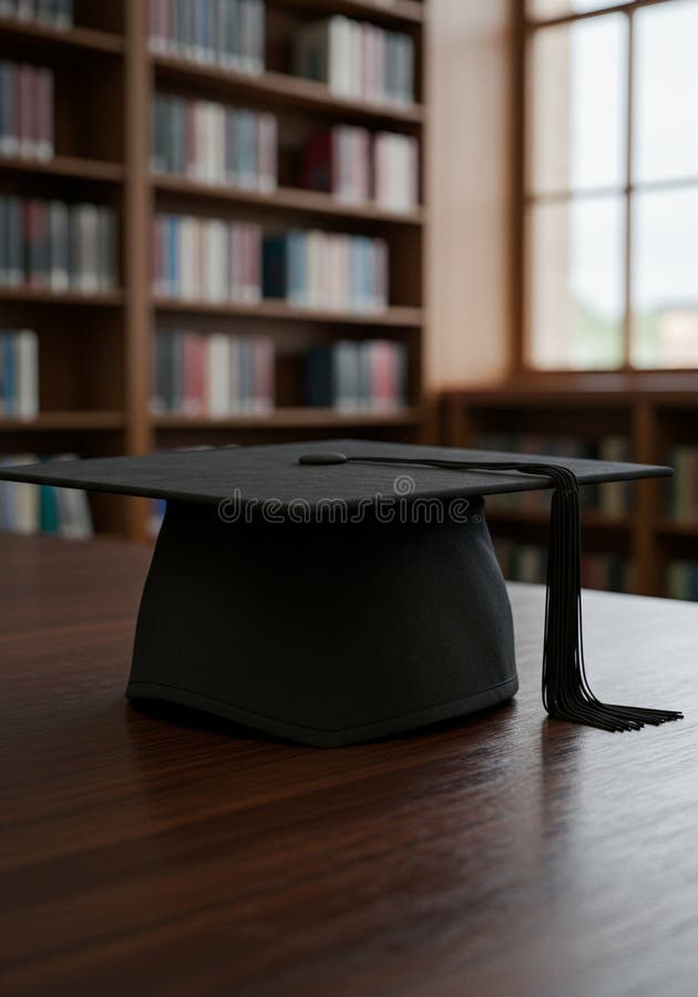 Black Graduation Cap on Wooden Desk in Library Stock Illustration ...