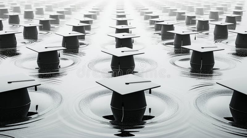 Black Graduation Caps Floating on a Reflective Water Surface, Creating ...