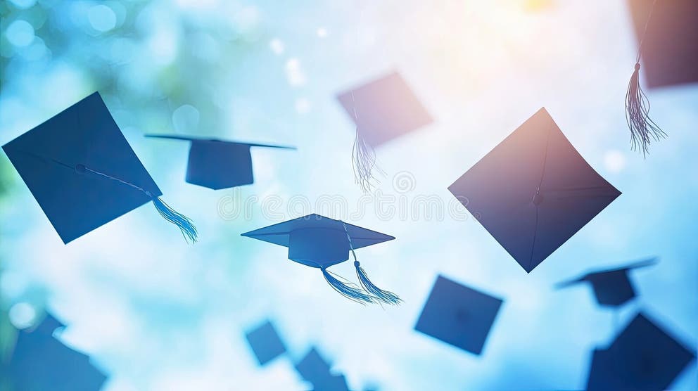 Black Graduation Caps Flying in Blue Sky Stock Illustration ...