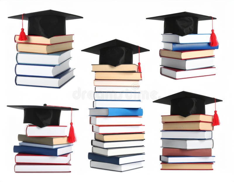 Black Graduation Caps on Stacks of Books Stock Illustration ...