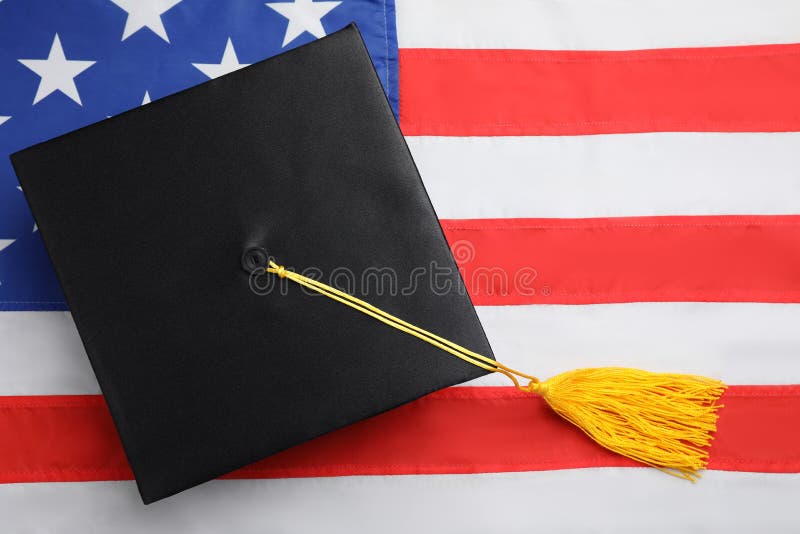 Black Graduation Hat on National USA Flag Stock Photo - Image of ...