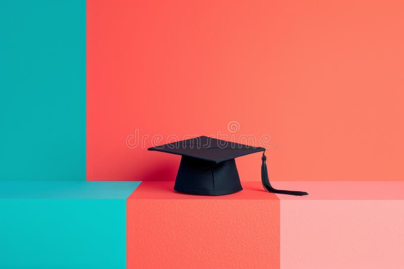 Black Graduation Hat on a Red Stool with Ample Copy Space Bold Academic ...