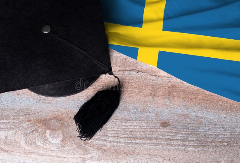 Black Graduation Hat on Sweden Flag, Education Concept, Top View Stock ...