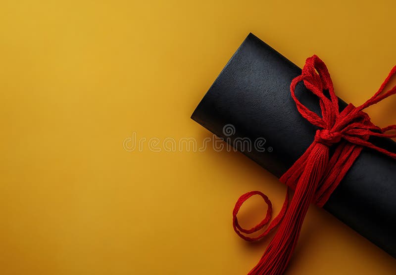 Black Graduation Scroll with Red Ribbon on Yellow Backdrop Celebration ...