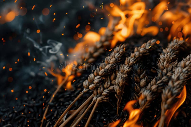 Black Grain of Wheat, Fire, Top View. Ai Stock Image - Image of grains ...