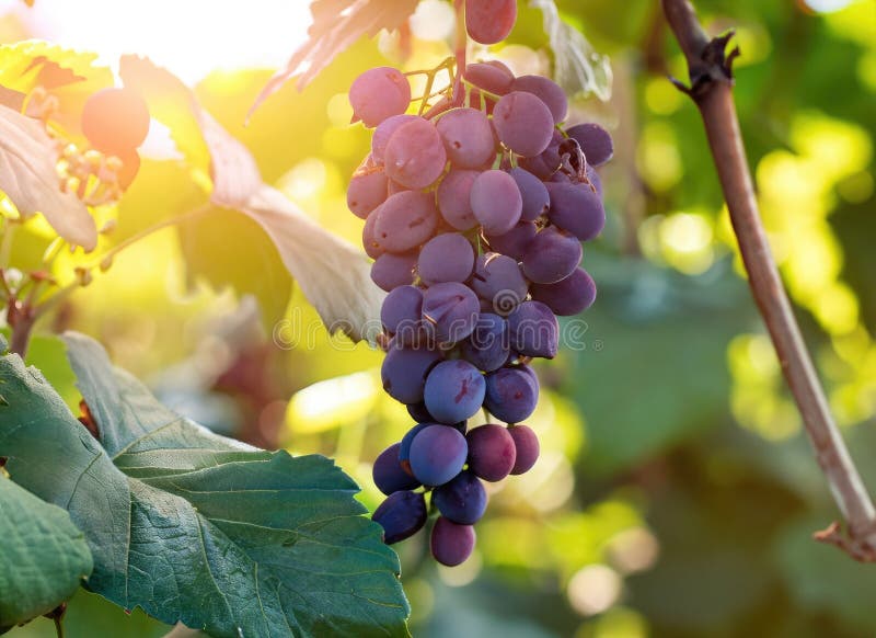 Black Grap Grows on a Tree in the Harvest Garden on Everning Sun Flare ...