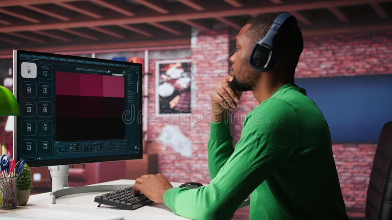 Black Graphic Designer Working in Loft with AI Image Generator Stock ...