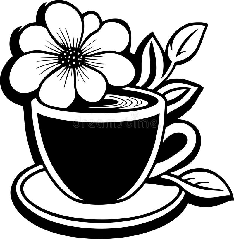 Black Graphic Drawing of a Cup of Coffee and a Flower, Decorative ...