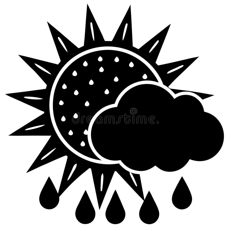 A Black Graphic Features a Sun Partially Obscured by a Cloud, with Raindrops Falling Below Stock ...