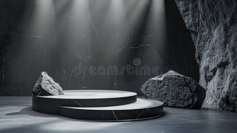 A Black and Gray of a Black Marble Platform Surrounded by Rocks. Stock ...