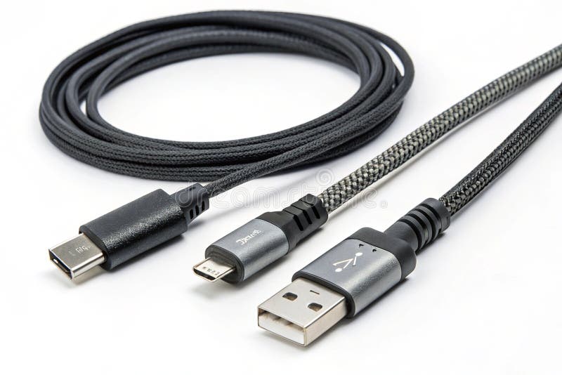 Black and Gray USB Cables Isolated on White Stock Illustration ...