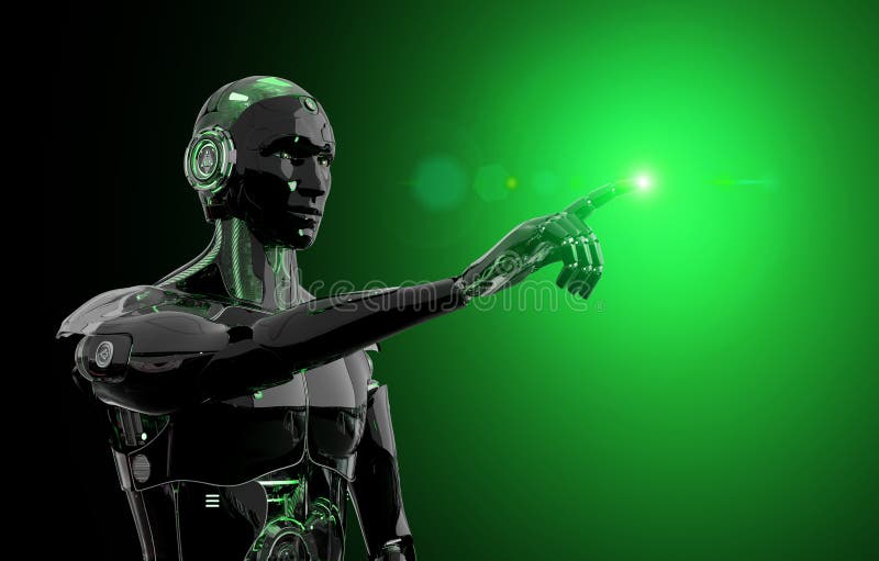 Black and Green Intelligent Robot Cyborg Pointing Finger on Dark 3D ...