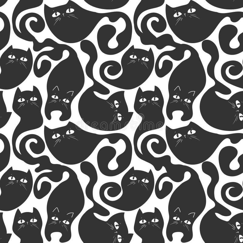 Black and Grey Cats. Cartoon Hand Drawn Seamless Pattern. Vector EPS 10 ...