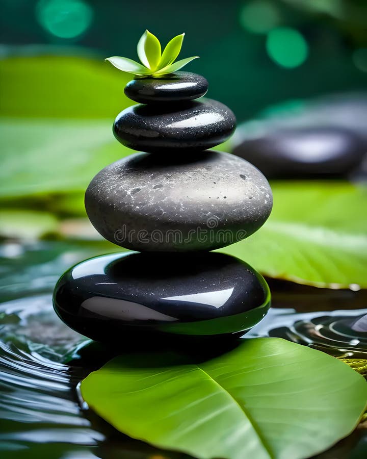 Black and Grey Zen Stones Stack with a Small Leaf. Stock Illustration ...