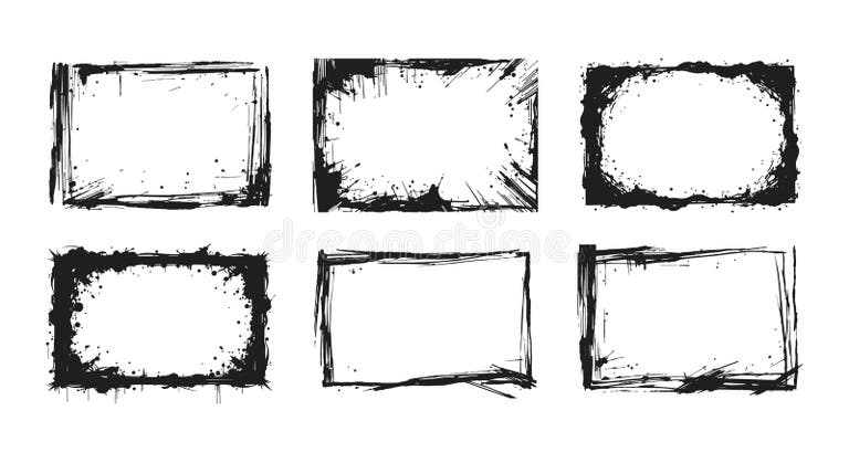 Black Grunge Rectangular Frames with Rough Edges and Splatters Stock Vector - Illustration of ...