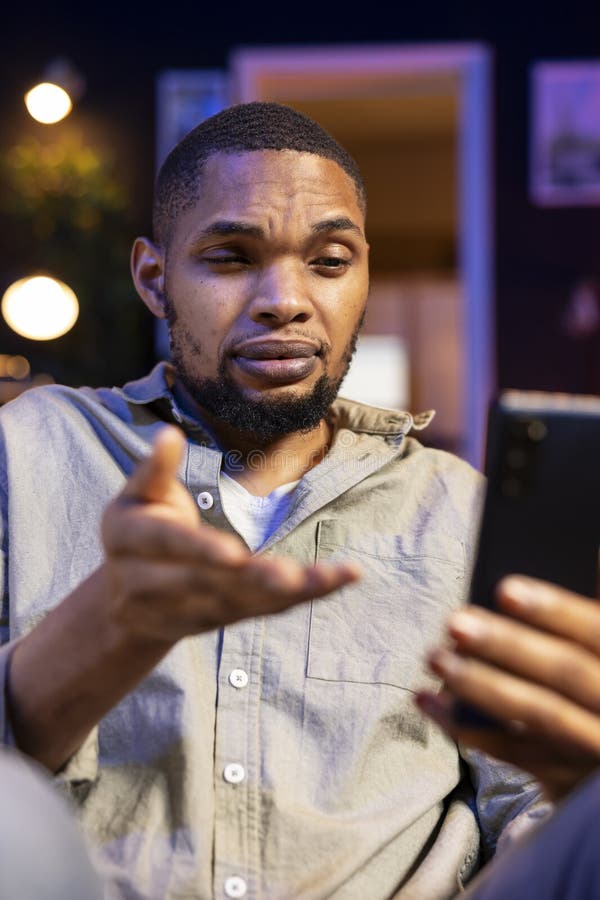 Black Guy Attending a Virtual Workshop Lecture Via Online Conference ...
