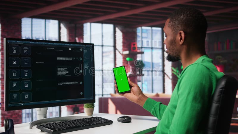Black Guy Interacting with Intelligent AI Chatbot Next To Copy Space ...