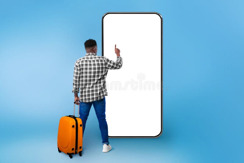 Black Guy Pushing Button on Blank Phone Screen Over Blue Stock Image ...