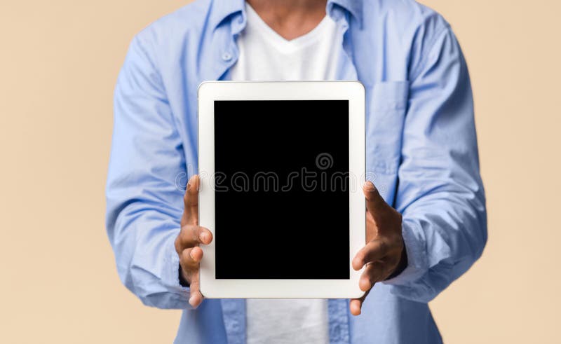 Black Guy Showing Blank Tablet Screen on Yellow Background, Mockup ...
