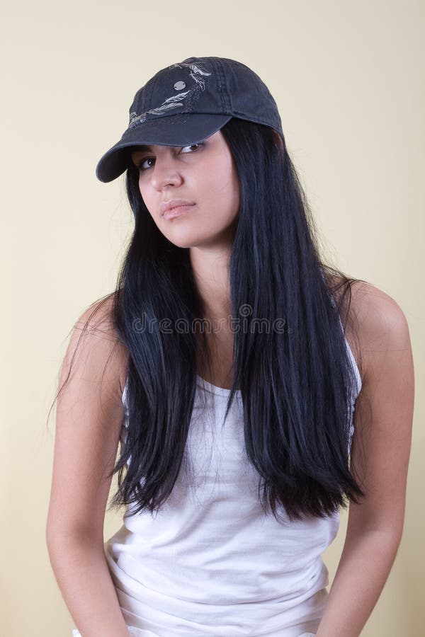 Black Hair Young Woman in Cap Stock Photo - Image of brunette, close ...