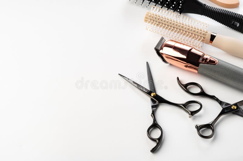 Black Hairdressing Tools and Various Hairbrushes on White Background ...