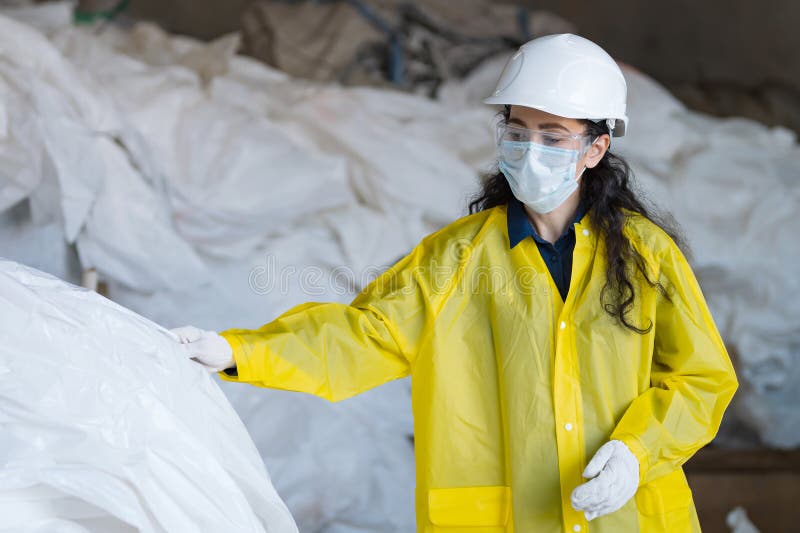 Black-haired Lady Worker in Mask Sorts Trash at Waste Plant Stock Image ...