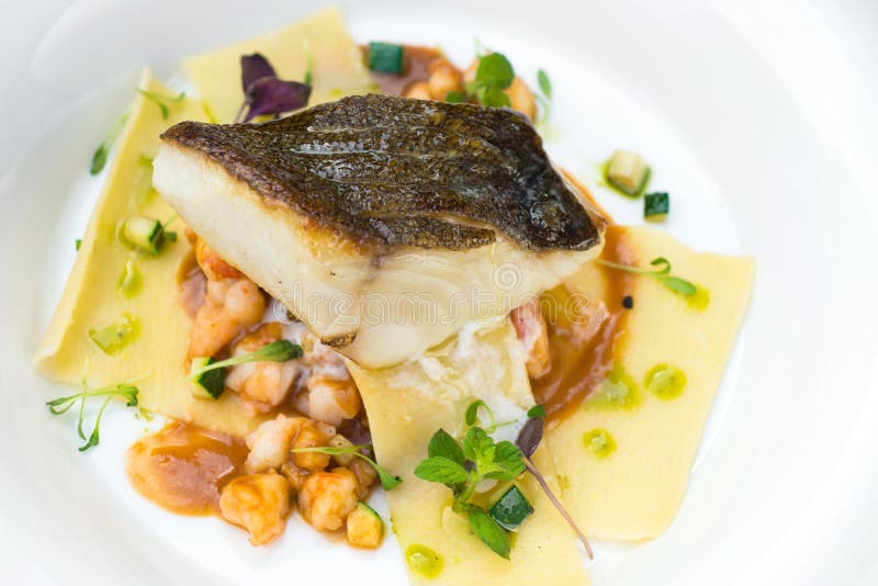 Black Hake, Prawns Ragout and Fresh Pasta Stock Image - Image of ...